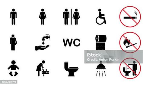 Wc 아이콘 집합입니다 금연 표지판 화장실 욕실 아이콘 화장실 방 실루엣 픽토그램 어머니와 아기 방 남성 여성 트랜스젠더 장애인을위한 공공 화장실 벡터 일러스트레이션 공중