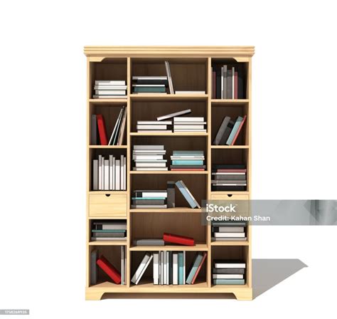 흰색 배경에 고립된 책이 있는 책장 3d 일러스트레이션 0명에 대한 스톡 사진 및 기타 이미지 0명 3차원 형태 가구 Istock