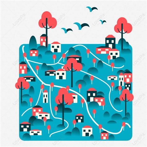 산 마을 풍경 평면 그림 Png 일러스트 무료 다운로드 Lovepik
