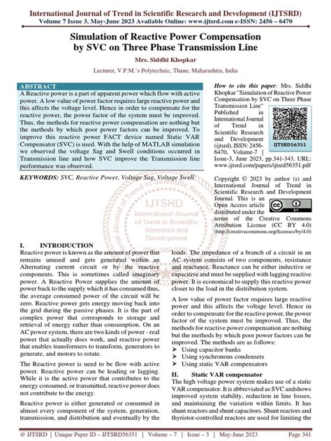 Simulation Of Reactive Power Compensation By Svc On Three Phase Transmission Line Download