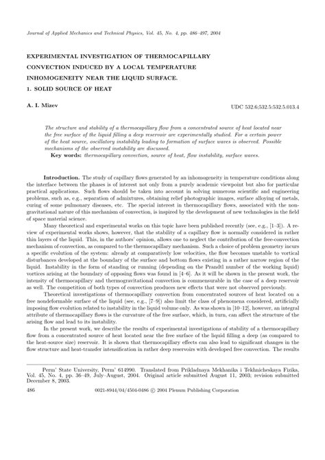 Pdf Experimental Investigation Of Thermocapillary Convection Induced By A Local Temperature