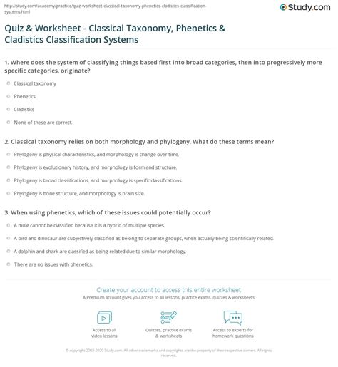 Quiz And Worksheet Classical Taxonomy Phenetics And Cladistics