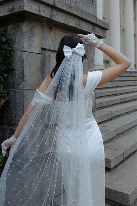Long Bow Veil Pearl Veil White Unique Wedding Veil Bridal Veil Unique Wedding Veils Dream