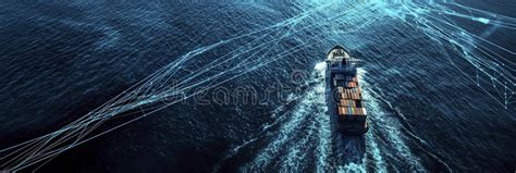 Aerial View Of Container Ship With Blue Data Streams Stock Illustration