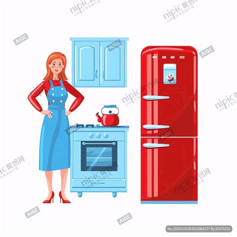 Ai创作图红色电冰箱 美女女孩烧饭 卡通厨房女孩 煮妇插画 红色冰箱 厨房电器家具 美女煮饭美女盛汤 冰箱设计 厨房漫画 家具厨具食品饮料 冰箱贴插画 家居家具家厨 厨娘妈妈 家庭主妇美食制作