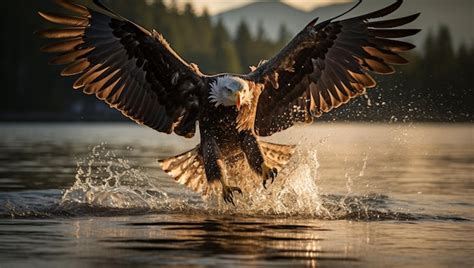 날개를 펴고 물에 착륙하는 아라페 독수리 생성 인공 지능 프리미엄 사진