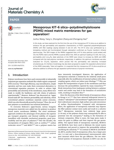 Pdf Mesoporous Kit 6 Silica—polydimethylsiloxane Pdms Mixed Matrix