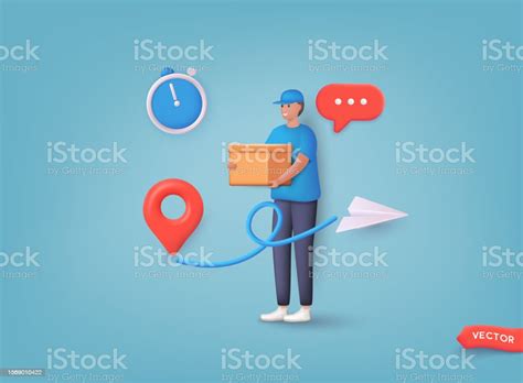 택배 배달원이 소포 상자를 들고 있다 온라인 배달 서비스 개념 온라인 주문 추적 배달 가정 및 사무실 3d 웹 벡터 그림입니다 두발자전거에 대한 스톡 벡터 아트 및 기타
