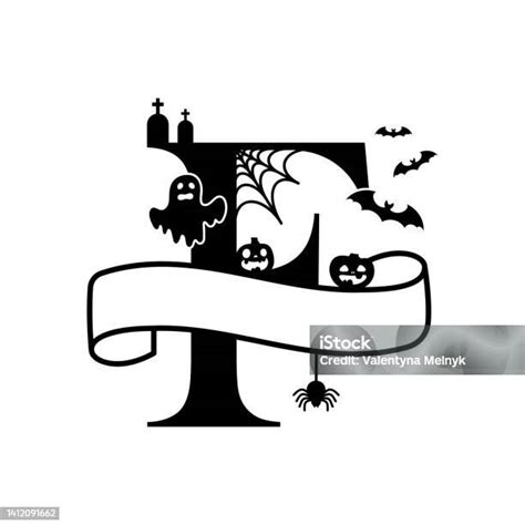 귀여운 할로윈 문자 F 분할 모노그램 만화 유령 호박 아이들을위한 박쥐 티셔츠 보육원 장식 베이비 샤워 인사말 카드 초대장 스크랩 북킹 가정 장식 벡터 스톡 일러스트레이션