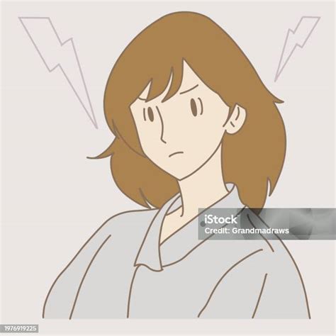 기분이 나쁜 화난 여자 뒤에 천둥 손으로 그린 평면 만화 캐릭터 벡터 일러스트 걱정하는에 대한 스톡 벡터 아트 및 기타 이미지