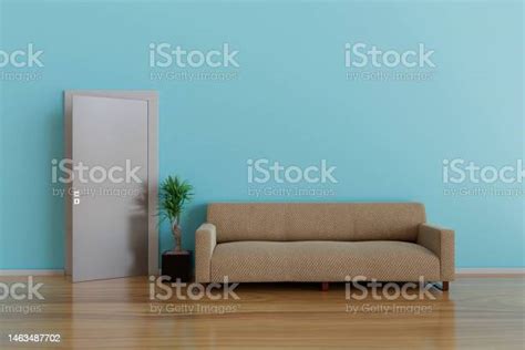 인테리어의 미니멀리즘 개념 닫힌 문 옆의 냄비에 소파와 꽃 3d 렌더링 0명에 대한 스톡 사진 및 기타 이미지 0명 가구 개념 Istock