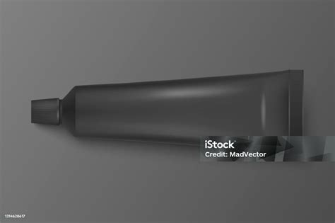 벡터 3d 사실적인 플라스틱 금속 블랙 튜브 아이콘 클로즈업 검은 배경에 격리 화장품 연고 크림 치아 페이스트 포장 모형을 위한 치약의 디자인 템플릿 맨 위 보기 3차원