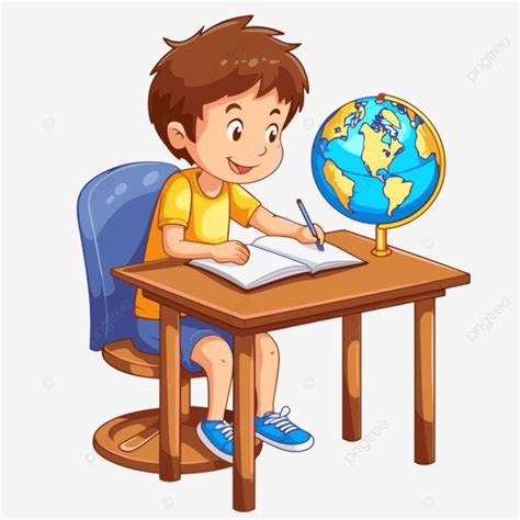 القيام بالواجب المنزلي يكتب الولد على المكتب باستخدام كرة أرضية على