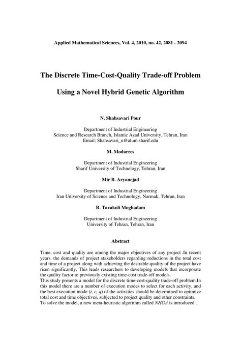 Pdf The Discrete Time Cost Quality Trade Off Problem Using A Novel Hybrid Genetic Algorithm