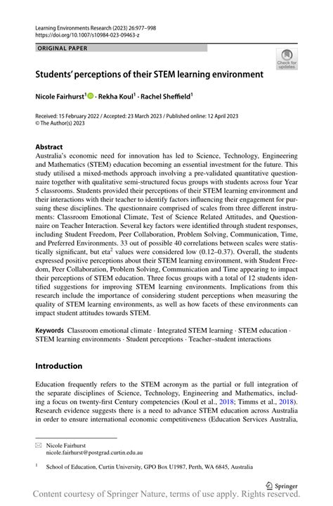 Pdf Students Perceptions Of Their Stem Learning Environment