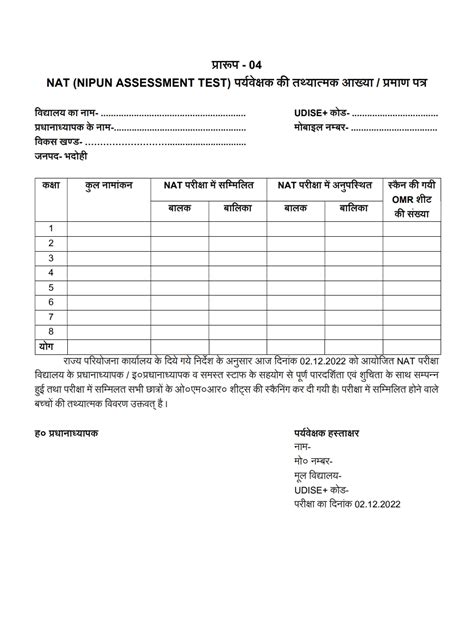 Nipun Assessment Test Nat पर्यवेक्षक की तथ्यात्मक आख्या प्रमाणपत्र प्रारूप 04 Updatemarts