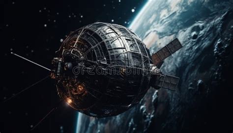 Futuristic Spaceship Orbits Planet In Deep Space Surveilling Star