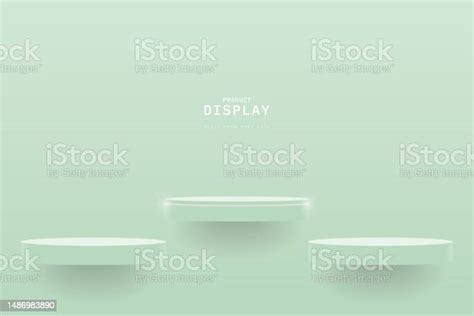 녹색 사실적인 3d 실린더 연단이 떠 있거나 벽에 매달려 있는 녹색 최소 벽 장면 제품 디스플레이 프리젠테이션 또는 모형을 위한 디자인 벡터 렌더링 3차원 형태에 대한 스톡