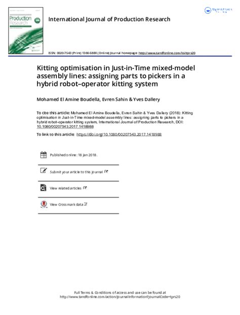 Pdf Kitting Optimisation In Just In Time Mixed Model Assembly Lines