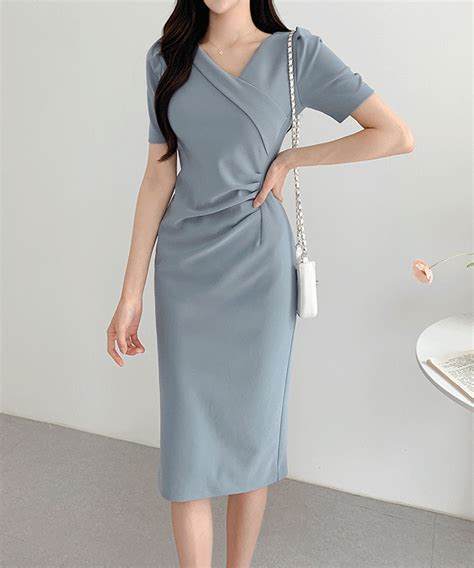 힐러 여름 하객룩 오피스룩 스판 드레이프 반팔 롱 원피스 휴양지룩 에이블리