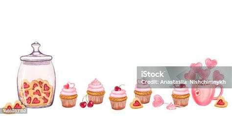 과자 배너 컵 케이크 쿠키 막대 사탕 머그잔 체리 흰색 배경에 격리된 손으로 그린 수채화 그림 발렌타인 데이 사랑 2월에 대한 스톡 벡터 아트 및 기타 이미지 Istock