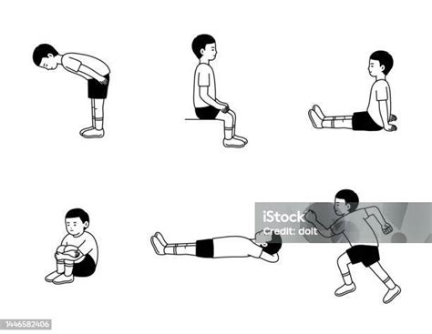 다양한 포즈와 활동을 하는 소년의 귀여운 캐릭터 세트 귀여운 초등학생의 컬렉션 달리기 인사 앉기 누워 웅크 리기 간단한 선 그리기 평면 벡터 그림입니다 모던 양식에 대한