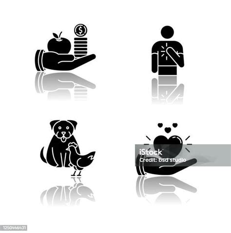 친절한 지원 드롭 그림자 블랙 글리프 아이콘 세트 대인 관계 기호입니다 이타주의 정직 종간 우정과 동정심 공백에 대한 격리된