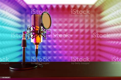 스튜디오에서 여러 가지 빛깔의 배경으로 음악을 녹음하기 위한 전문 마이크입니다 3d 렌더링 0명에 대한 스톡 사진 및 기타 이미지 Istock