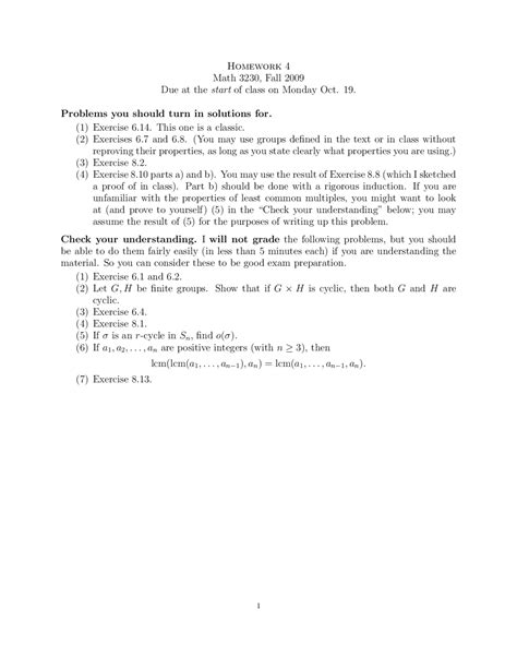 Abstract Algebra I Questions For Homework 4 Math 3230 Docsity