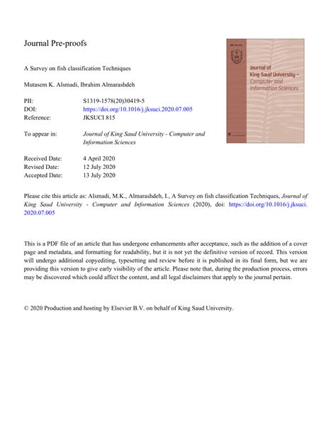 Pdf A Survey On Fish Classification Techniques