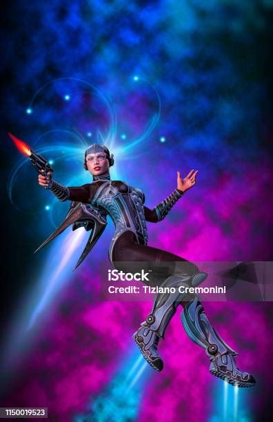 총으로 무장 한 미래 여자 군인 제트 팩 비행 3d 그림 여자에 대한 스톡 사진 및 기타 이미지 여자 한 명의 여자만 환상의 세계 Istock