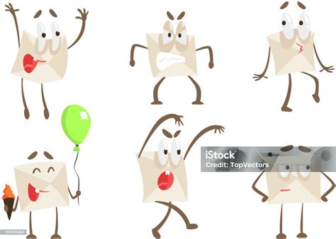 재미있는 종이 봉투 만화 캐릭터 세트 다양한 감정 벡터 일러스트와 귀여운 인간화 편지 0명에 대한 스톡 벡터 아트 및 기타