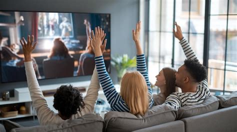 A Group Of People Are Watching A Tv Show With Their Arms Up Premium