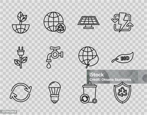 세트 라인 새로 고침 방패 내부의 재활용 기호 태양 에너지 패널 Led 전구 지구 지구와 잎 물 수돗물 재활용 및 잎 바이오 아이콘이있는 쓰레기통 벡터 Led 조명에 대한