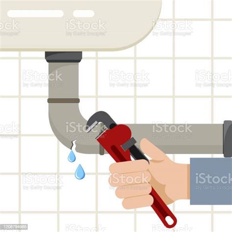 Sink Broken Pipe With Leaking Water And Hand Holding Wrench Stock