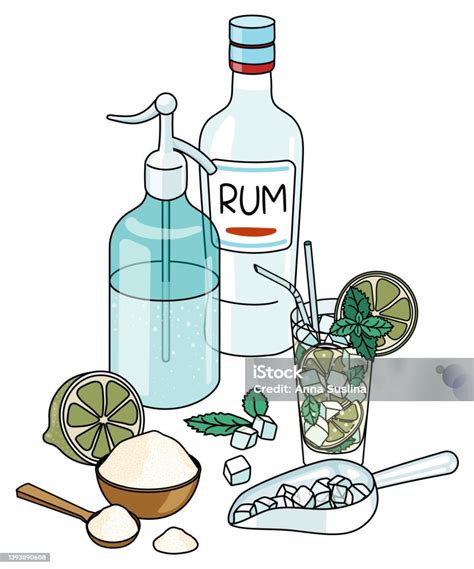 세련된 손으로 그린 낙서 만화 스타일 Mojito 칵테일 구성 흰 럼주 소다수 설탕 및 라임 한 병 바 메뉴 요리 책 조리법