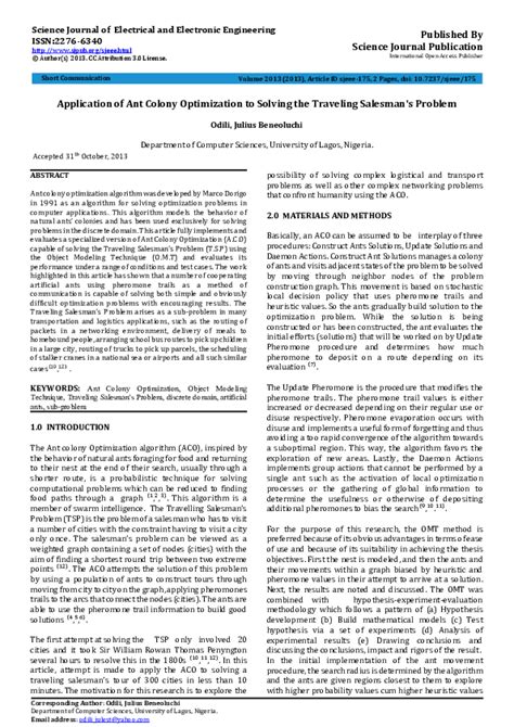 Pdf Application Of Ant Colony Optimization To Solving The Traveling Salesmans Problem