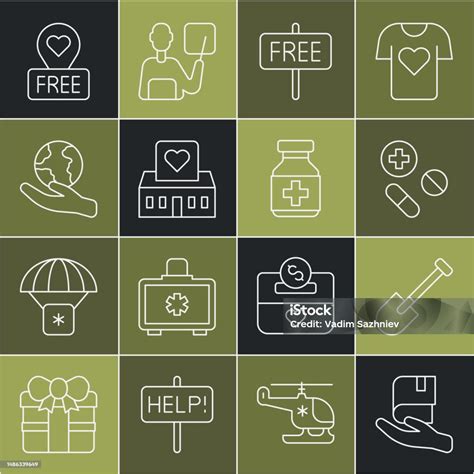 세트 라인 책 기부 삽 약 알약 또는 태블릿 무료 사인 자원 봉사 센터 지구 지구본을 들고 있는 손 심장과 병 알약 아이콘이 있는 위치 벡터 건강 진단에 대한 스톡 벡터