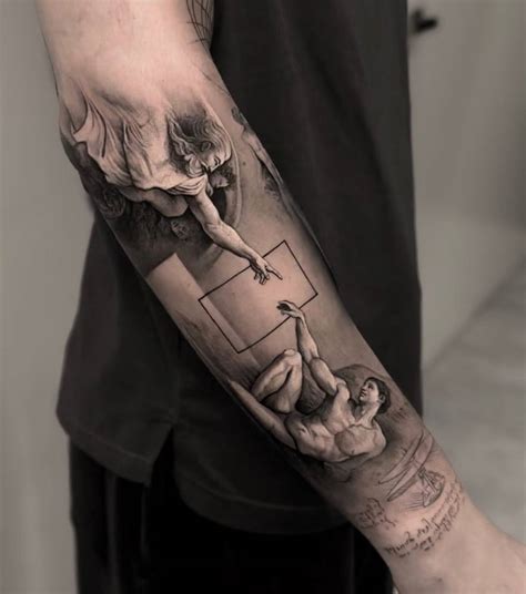 The Creation Of Adam Tattoo In Black And Grey Style