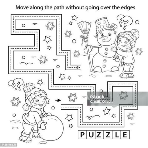 필기 연습 시트 간단한 교육 게임 또는 미로 눈사람을 함께 만드는 소녀와 만화 소년의 색칠하기 개요 겨울 아이들을위한 색칠하기
