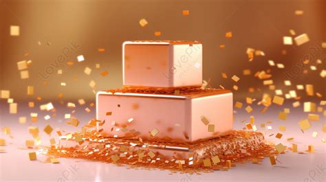 다채로운 색종이가 있는 생생한 황금색 3d 밝은 주황색 제품 디스플레이 연단 기념일 축하에 적합 연단 배경 황금 종이 배경