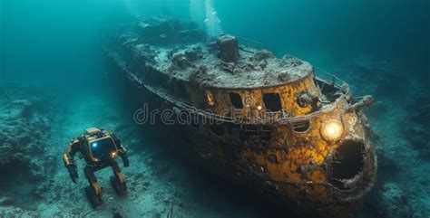Exploring A Sunken Submarine With A Robotic Diver In Deep Ocean Waters