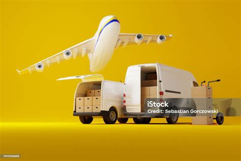 노란색 배경에 비행기가 있는 골판지 상자가 있는 두 개의 상업용 배달 흰색 밴 바람에 대한 스톡 사진 및 기타 이미지 바람 상자 소포 Istock