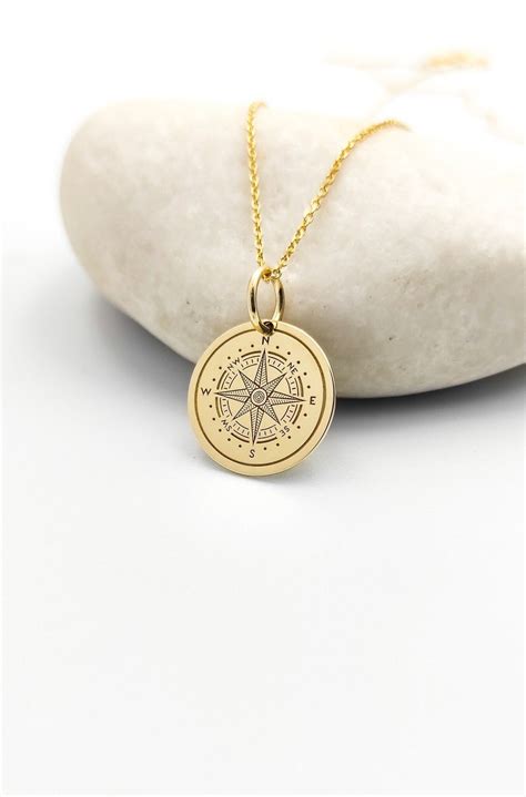 14k Solid Gold Compass Necklace Gold Coin Compass Pendant