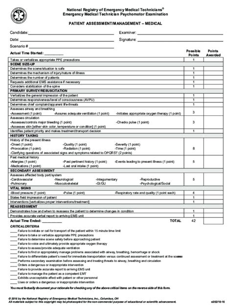 Emergency Medical Technician Psychomotor Examination Blank Fillable