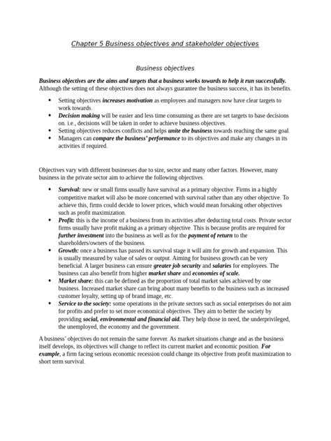 Igcse Business Studies Business Objectives And Stakeholder Objectives