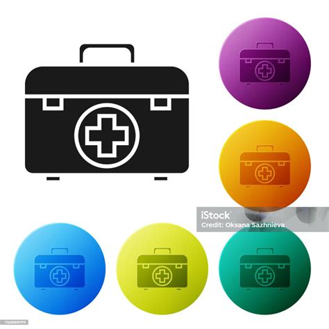 흰색 배경에 격리 된 검은 색 응급 처치 키트 아이콘입니다 십자가 의료 상자 응급 의료 장비 헬스케어 개념 아이콘 다채로운 원 버튼을 설정합니다 벡터 일러스트레이션 0명에