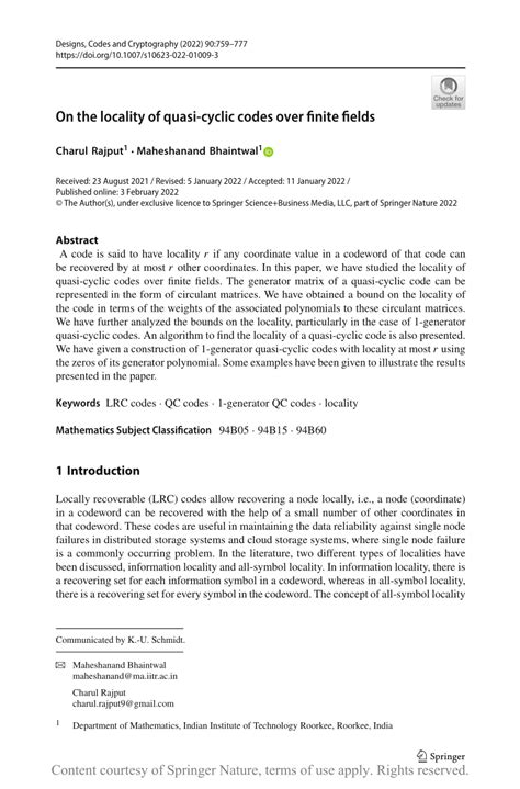 On The Locality Of Quasi Cyclic Codes Over Finite Fields Request Pdf