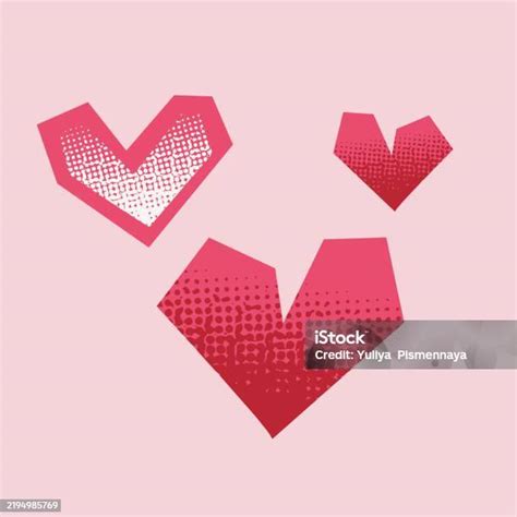 하프톤 효과가 있는 다양한 모양의 하트 세트입니다 팝 아트 스타일 점선 하트 분홍색 배경에 고립되어 있습니다 벡터 일러스트 레이