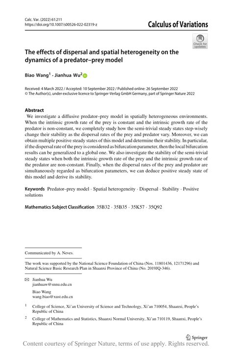 The Effects Of Dispersal And Spatial Heterogeneity On The Dynamics Of A Predatorprey Model